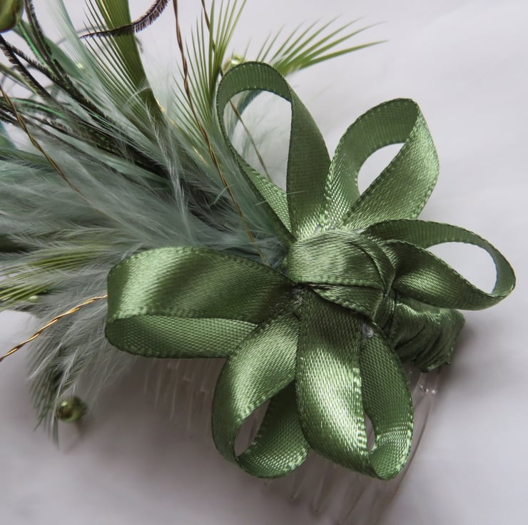 Olive Green Feather & Gold Feather Fascinator - Folksy