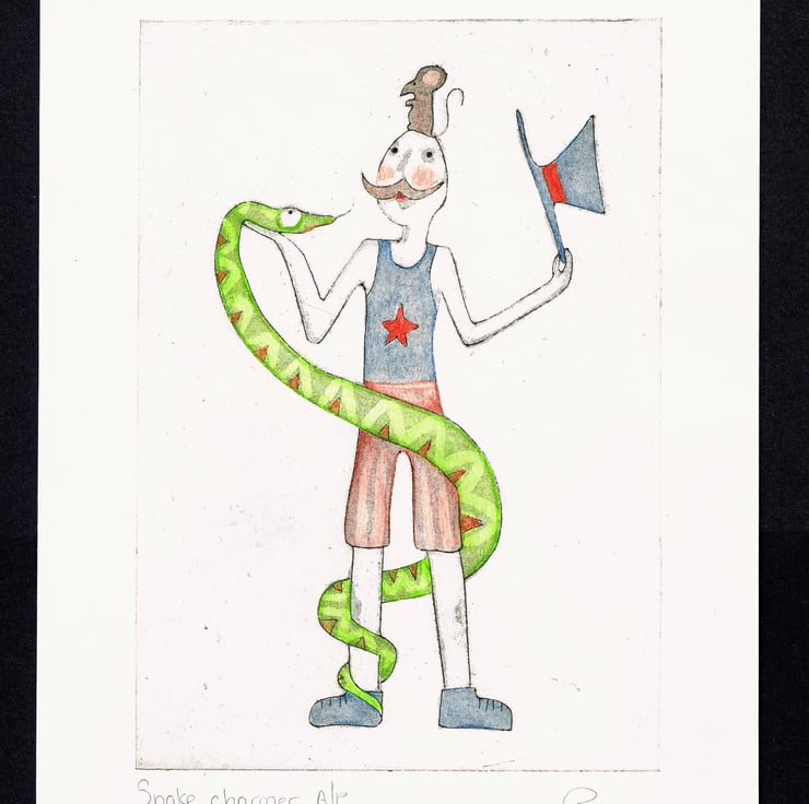 Snake Charmer, hand coloured dry point etching - Folksy
