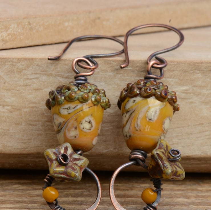 Mustard Acorn Lampwork Glass Bead and Copper Ea... - Folksy