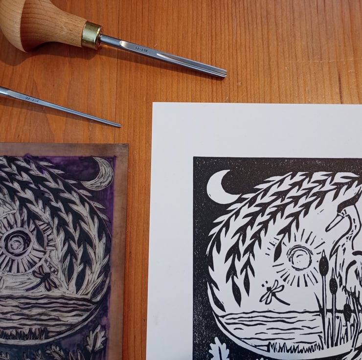 Original A5 linocut print of heron with rabbit - Folksy
