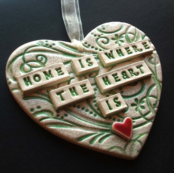 Green ceramic heart decoration Home is where th... - Folksy