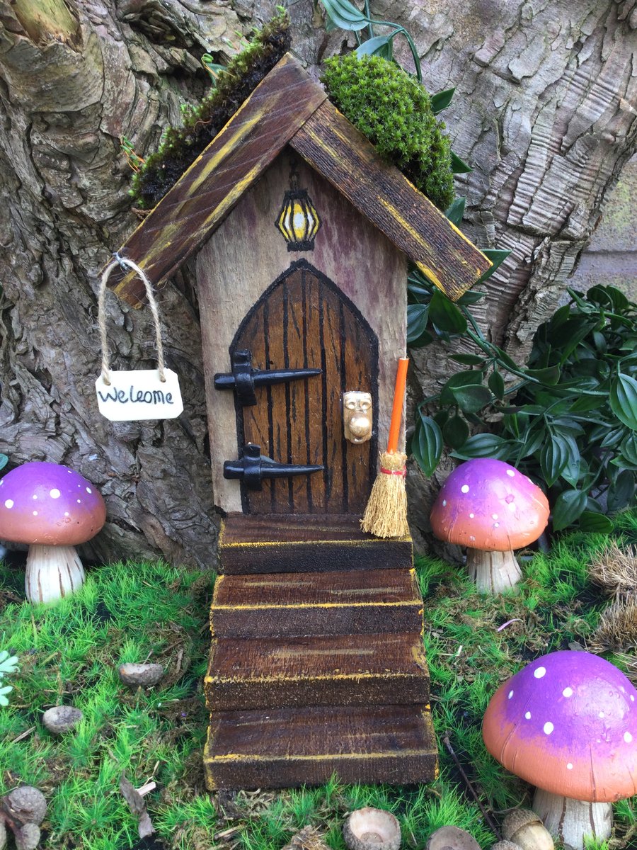 Wooden fairy door with steps and porch. Hand p... - Folksy