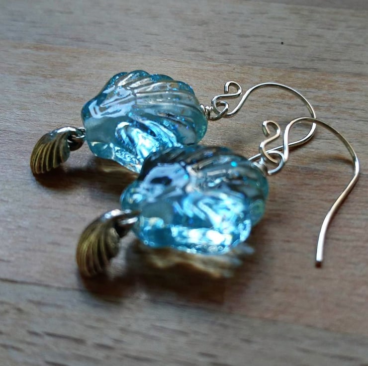 Aqua sea shell sterling silver earrings - Folksy