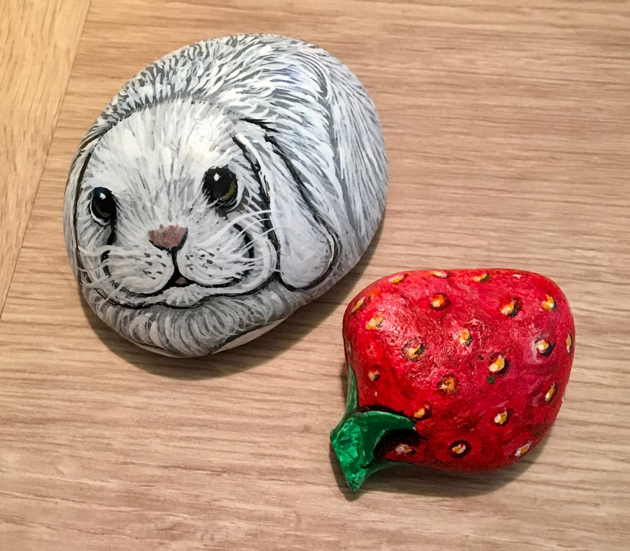 White rabbit hand painted pebble garden rock ar... - Folksy