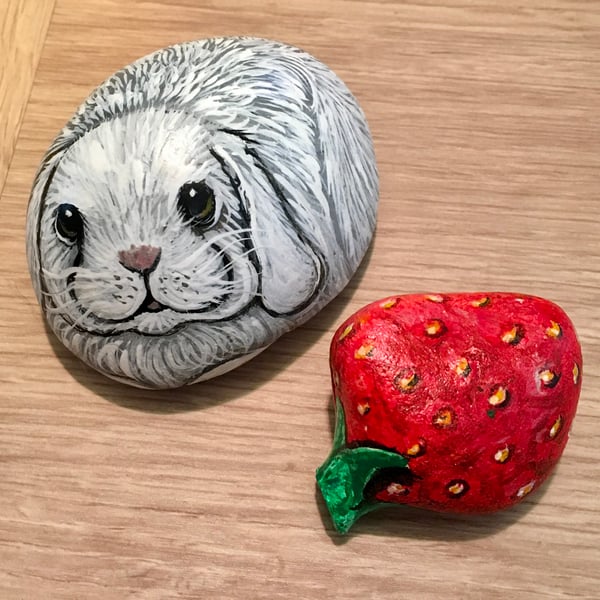 White rabbit hand painted pebble garden rock ar... - Folksy