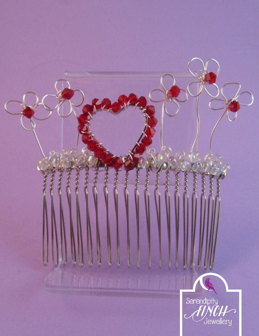 Red Heart Hair Comb with Flowers - Folksy