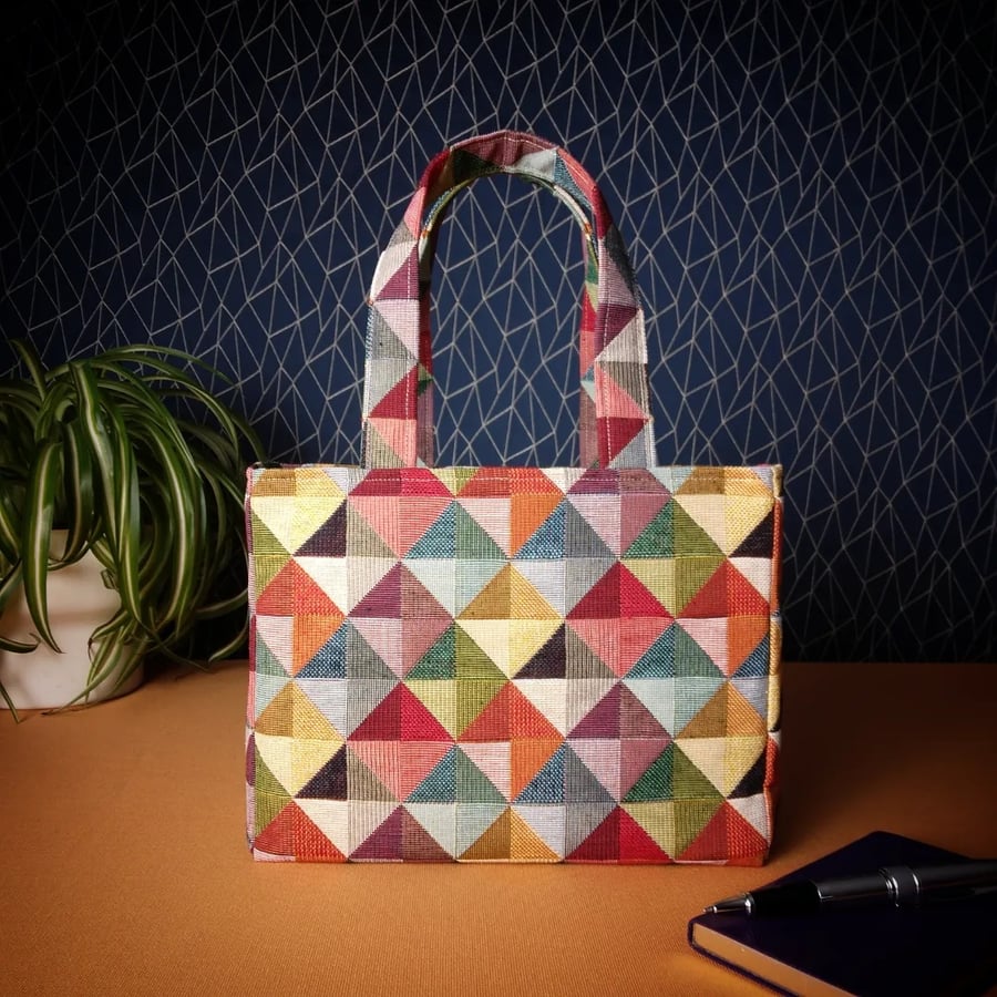 Mini Fabric Tote Bag - Multi Colour Diamonds - Folksy