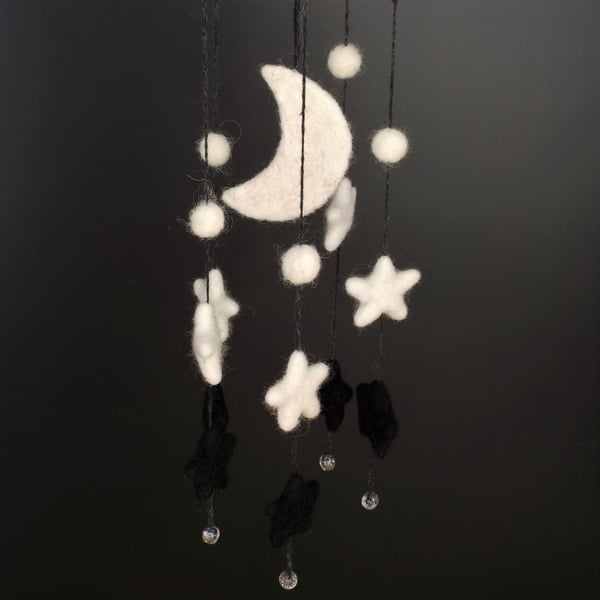 Moon and stars mobile black and white felt hang... - Folksy