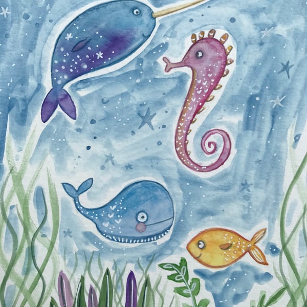 Original Painting under the sea narwhal Jo Roper - Folksy