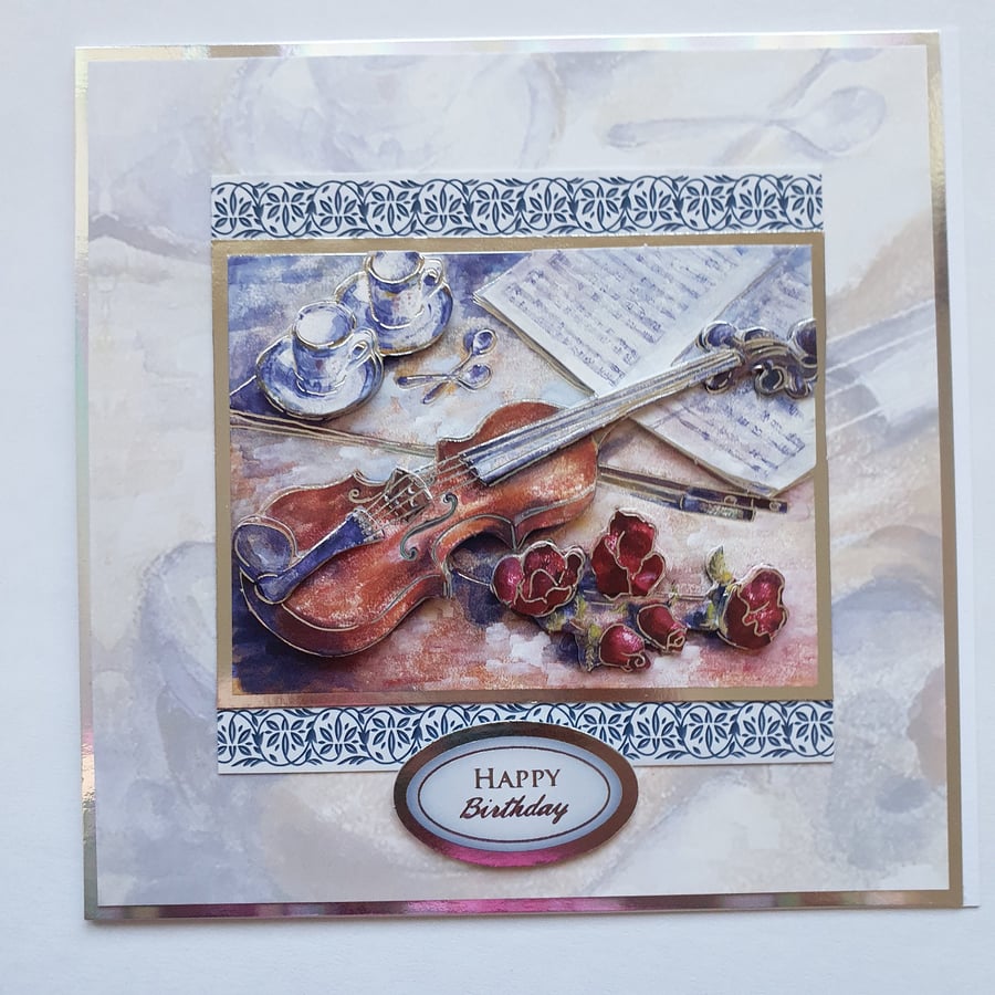 Masculine decoupage violin card, handmade card - Folksy