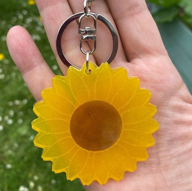 Sunflower yellow resin key ring with split ring... - Folksy