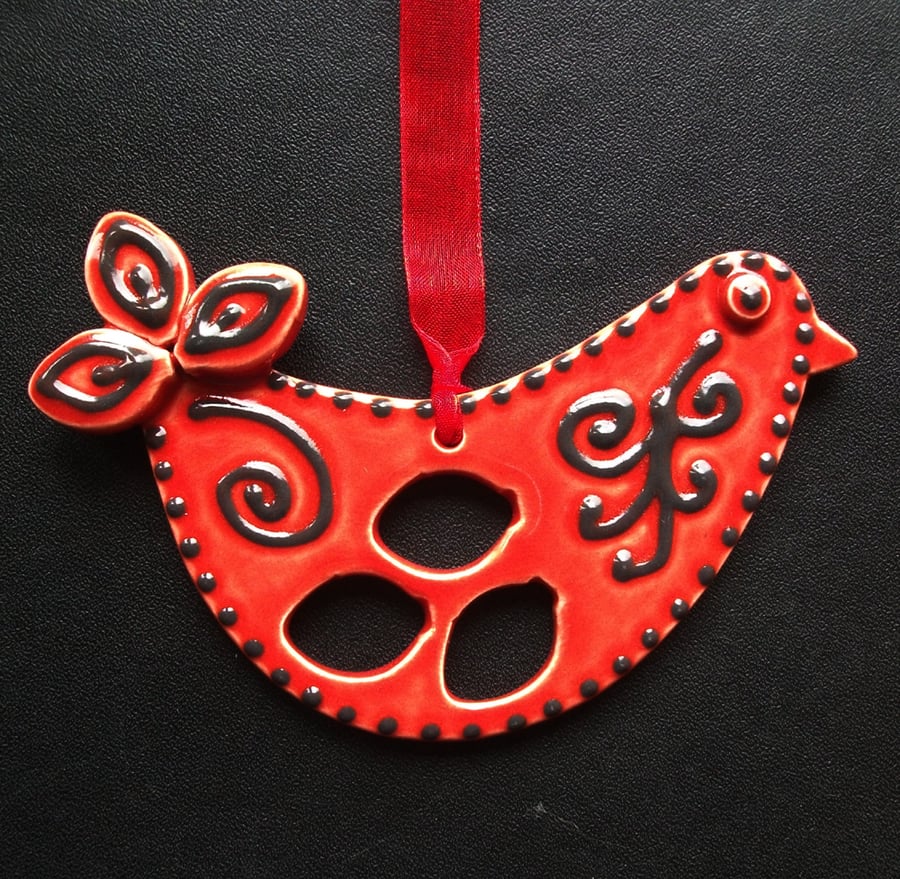 ceramic folk art deep orange bird decoration - Folksy