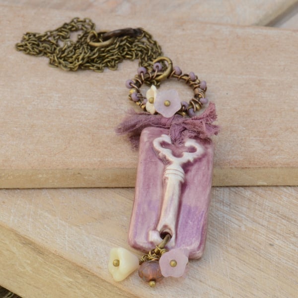 Rose Pink Ceramic Key Pendant Necklace with Cze... - Folksy