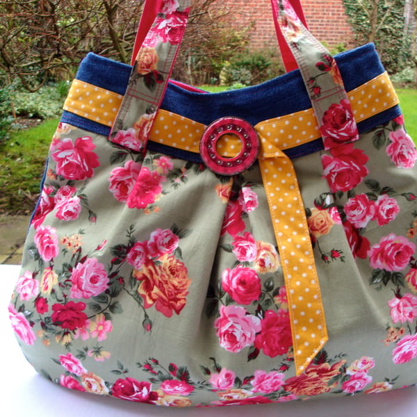 Handmade Denim and Floral cotton Handbag - belt... - Folksy