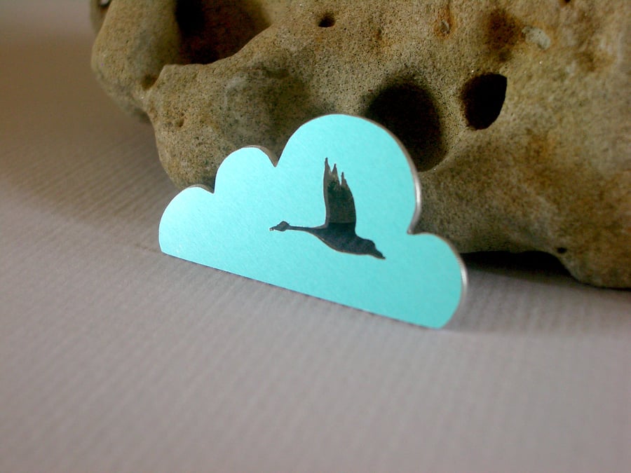 Cloud brooch with swan in sky blue - Folksy