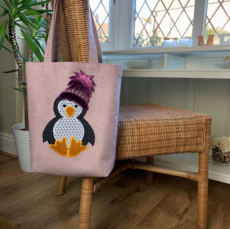Penguin tote bag in lilac with a polka dot peng... - Folksy