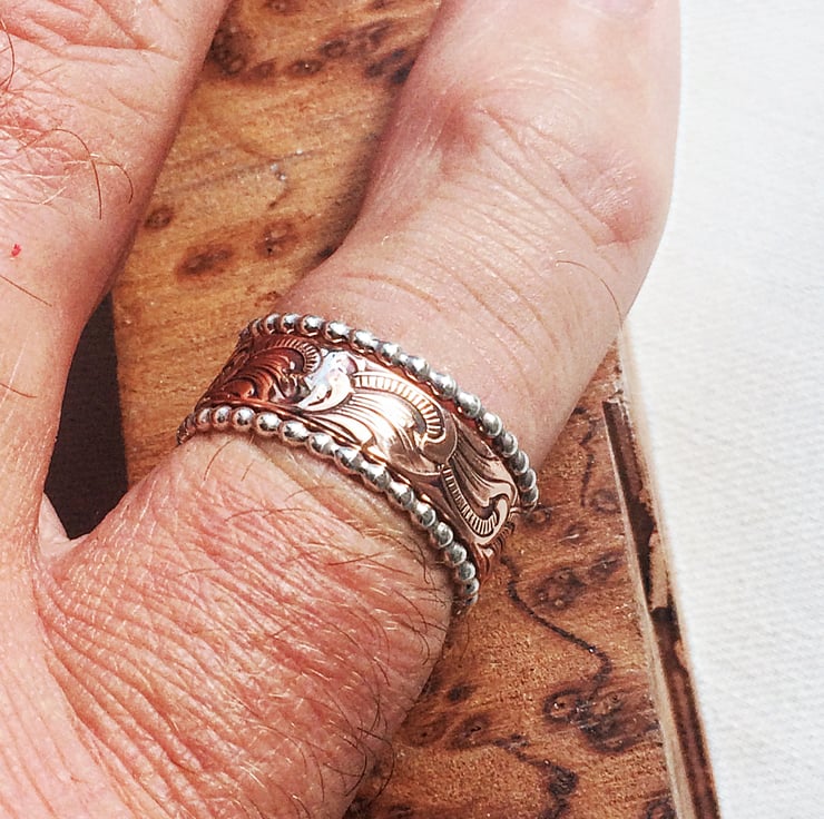 Beautiful Patterned Copper Ring with Two Sterli... - Folksy