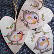Handdrawn Robin Wooden Heart Decor - Folksy