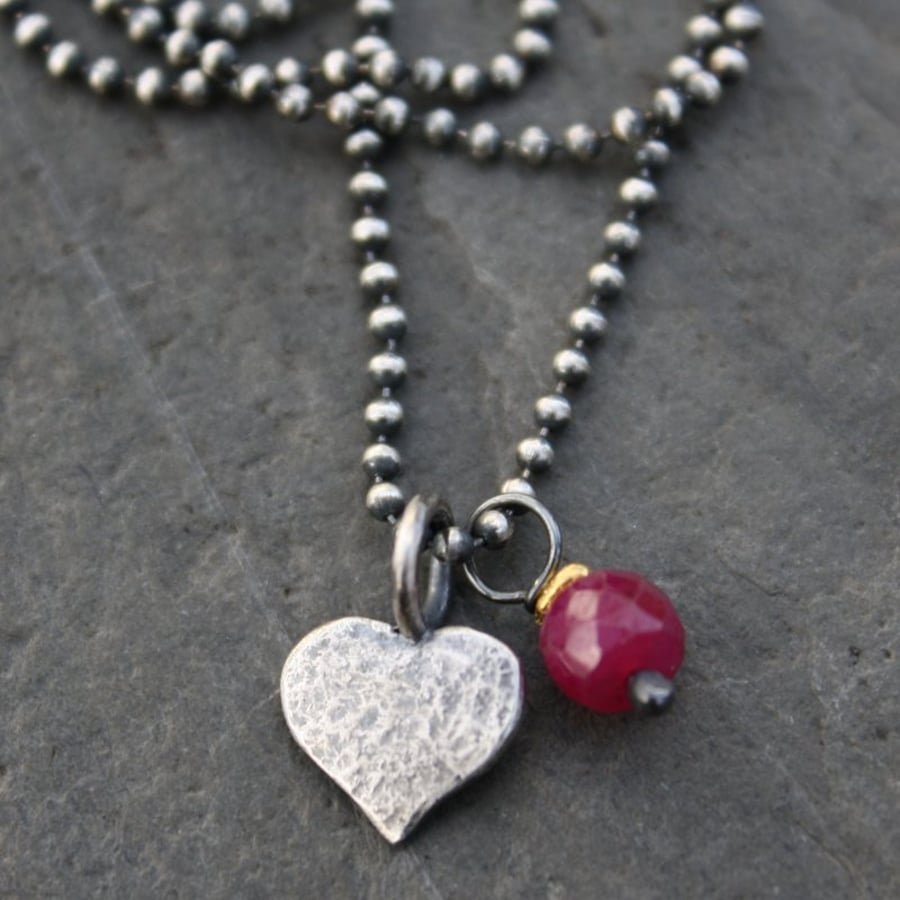 Oxidised Sterling silver and ruby heart necklac... - Folksy