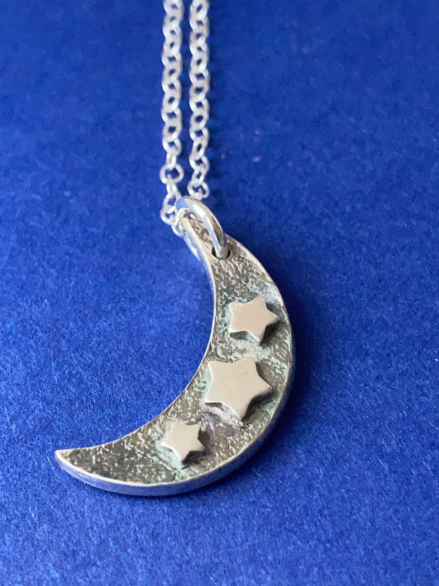 Silver crescent moon and stars pendant - Folksy