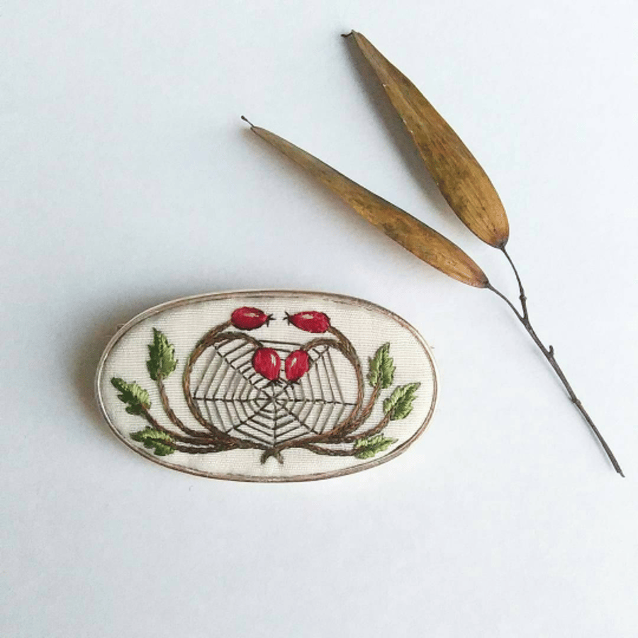 Sterling silver hand embroidered rosehip with w... - Folksy