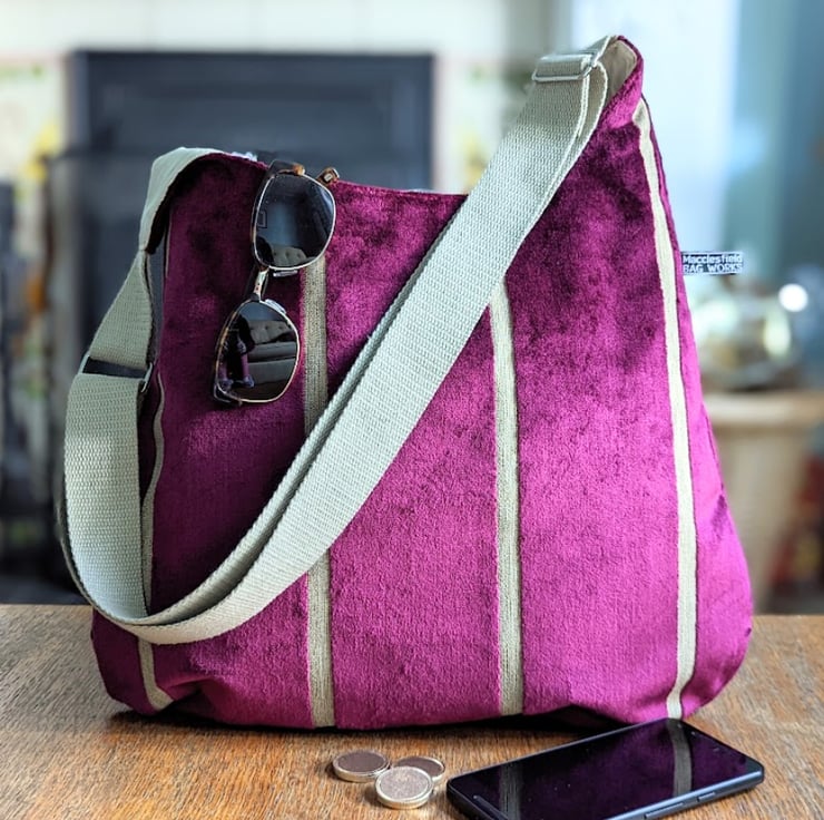 Striped Raspberry Chenille and Silk Lined Hobo Bag - Folksy
