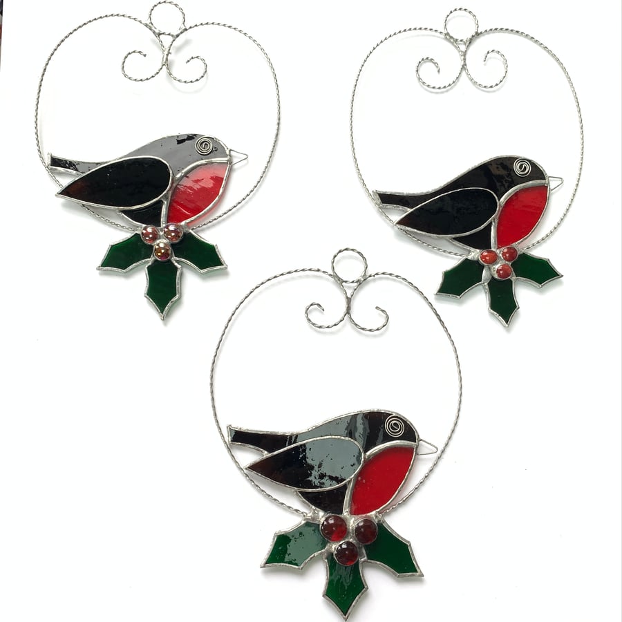 Stained Glass Robin and Holly Suncatcher - Hand... - Folksy