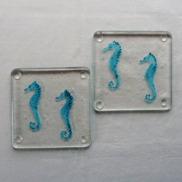Seahorse blue bubble fused glass coasters. Set ... - Folksy