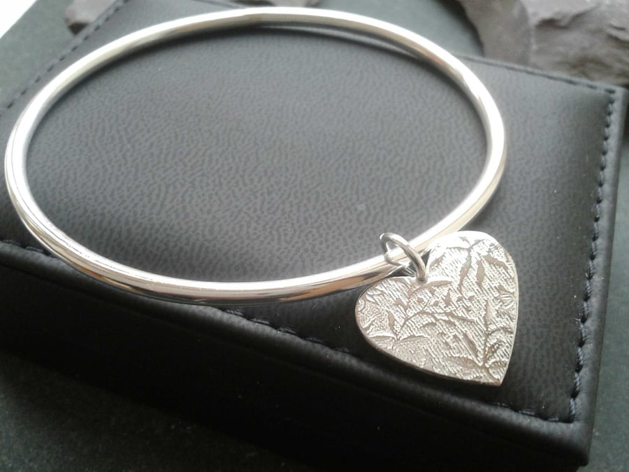 Silver Bangle with Silver Heart Charm - Folksy