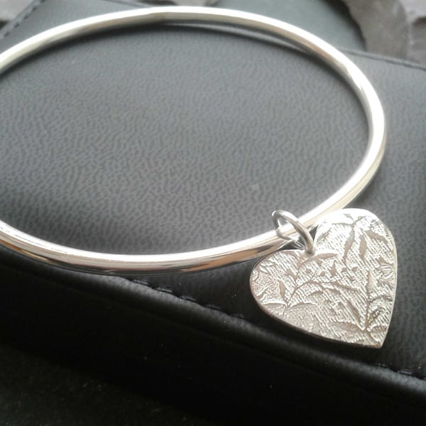 Silver Bangle with Silver Heart Charm - Folksy
