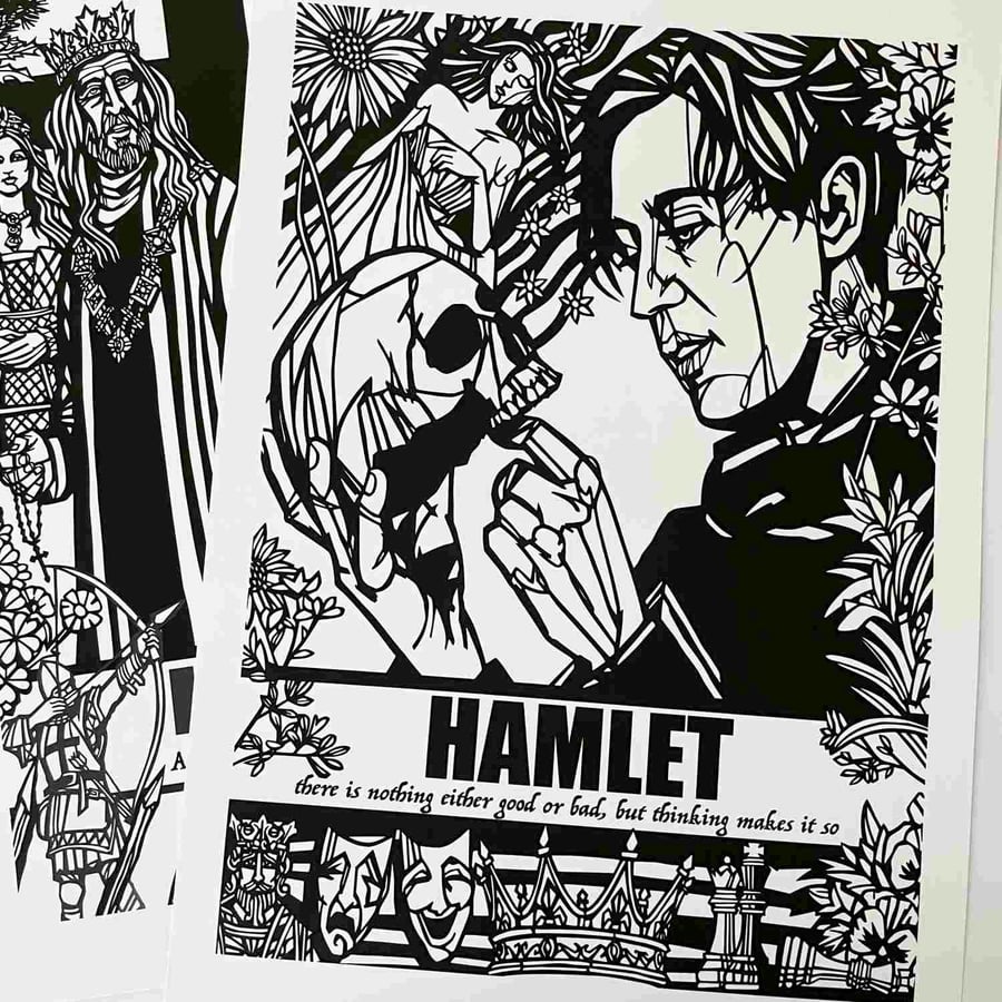 HAMLET print, Black line artwork, William Shake... - Folksy