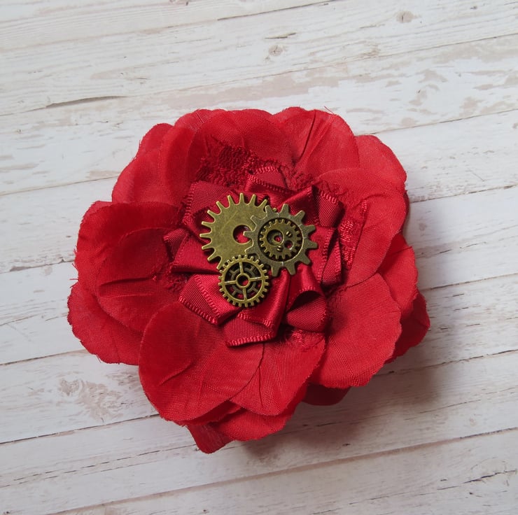 Ruby Red Steampunk Rose Flower Cogs Vintage Hai... - Folksy