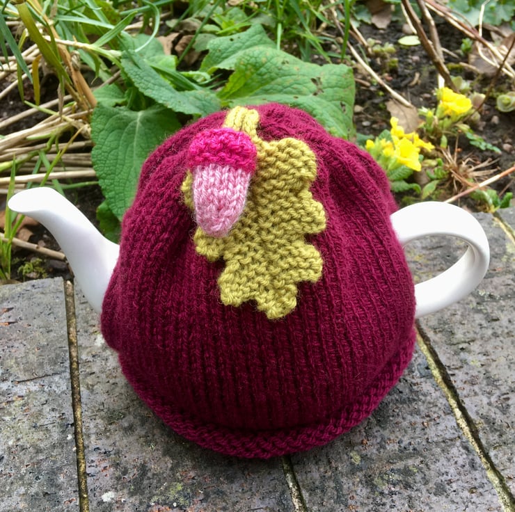 Dark Pink Autumn Tea Cosy, Acorn and Oak Leaf - Folksy