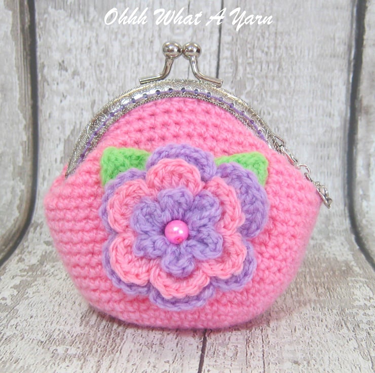 Crochet pink flower coin purse, flower purse, c... - Folksy