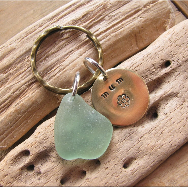 Natural sea glass, stamped keyring - Folksy