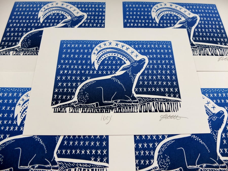 SALE Ibex and Stars Blue Original Lino Print - Folksy