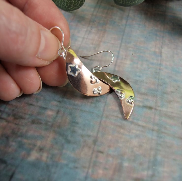 Earrings, Sterling Silver and Copper Moon &... - Folksy