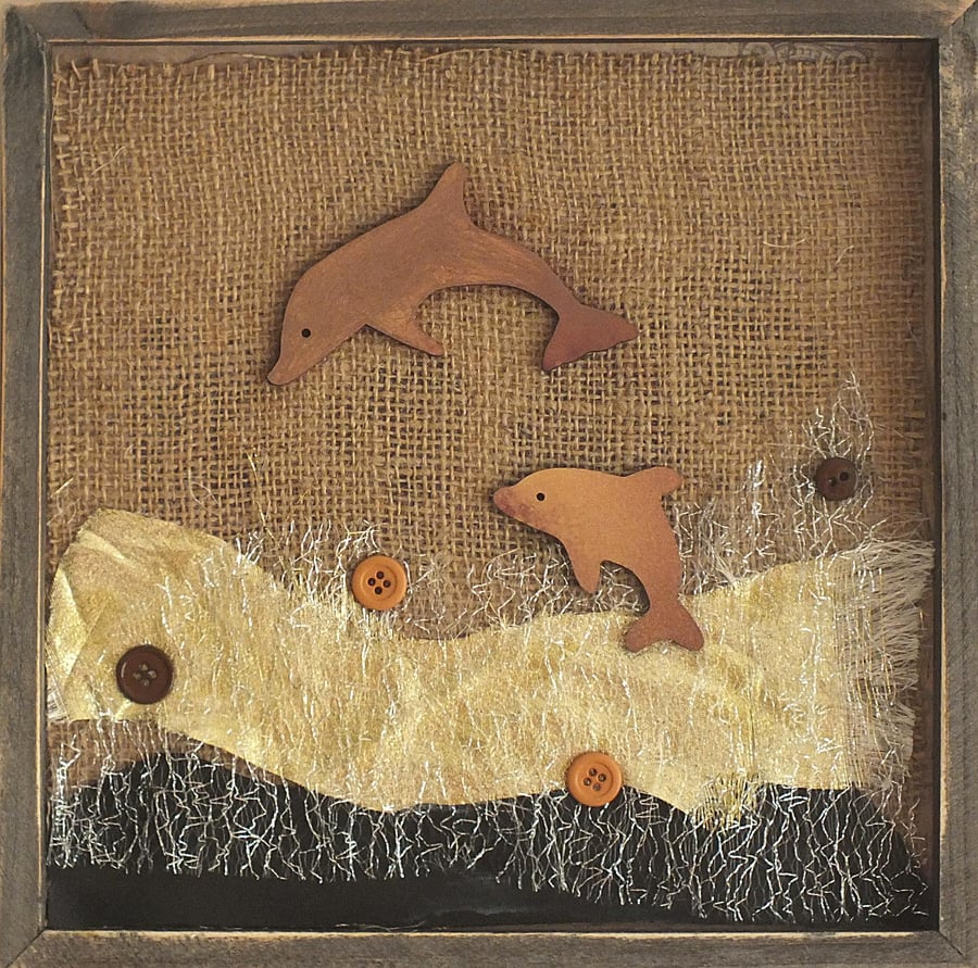 Dolphins - Mixed Media Collage Art in a Rustic ... - Folksy
