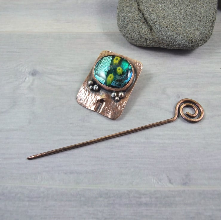 Shawl Pin Brooch. Copper with Artisan Dichroic ... - Folksy