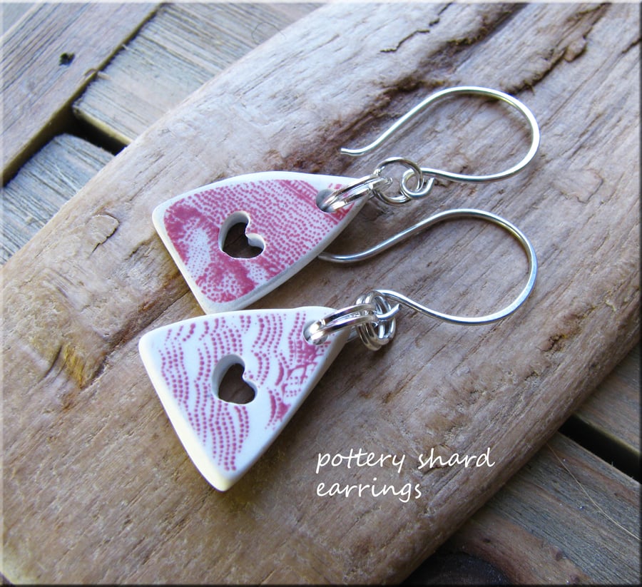 Pottery shard heart earrings - Folksy