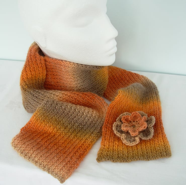 Knitted Scarf with crochet flower Autumn colours - Folksy