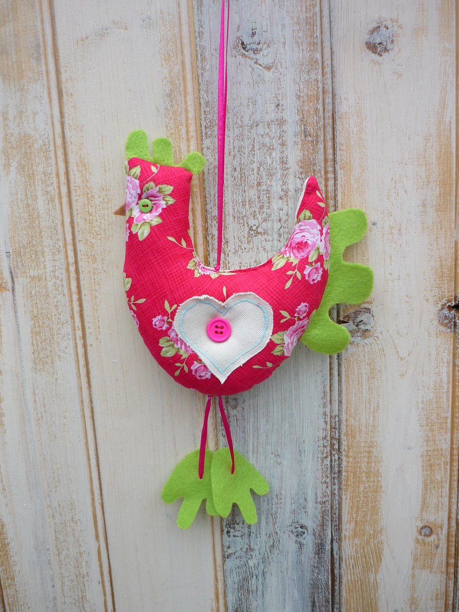 Hanging Chicken Hen Decoration Red with Pink Ro... - Folksy