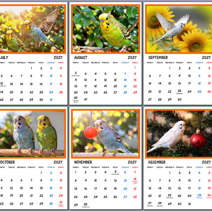 2027 Calendar Budgie Birds A4 Size Wall Hanging - Folksy