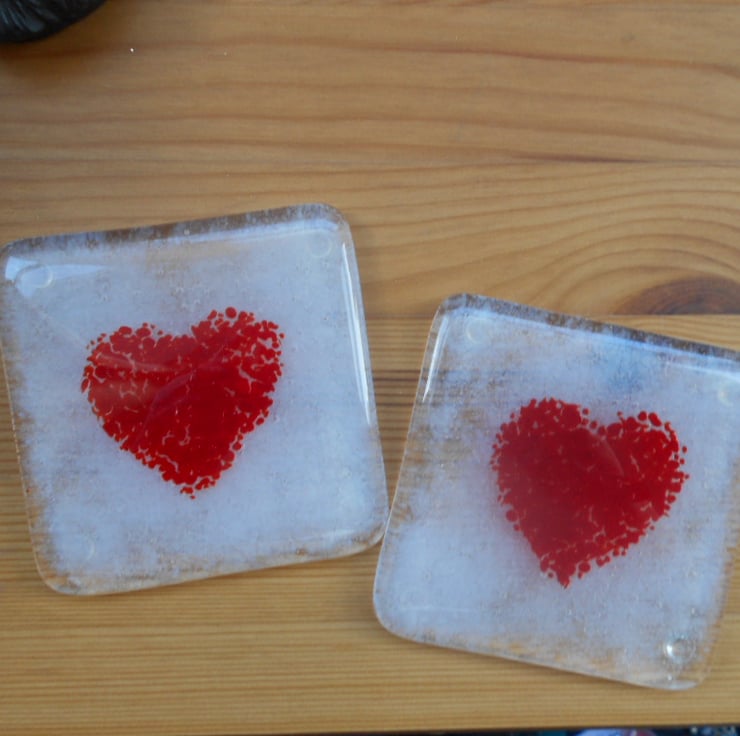 Pair of Fused Glass Coasters - Hearts - Folksy
