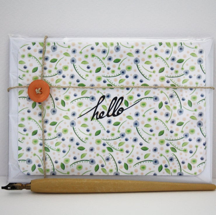 Hello- floral pretty patterned notelet flat car... - Folksy