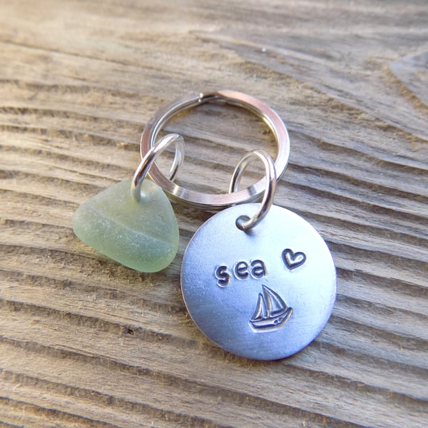 Sea glass and aluminium, stamped keyring - Folksy