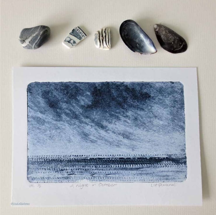 Atmospheric coastal night time collagraph print... - Folksy