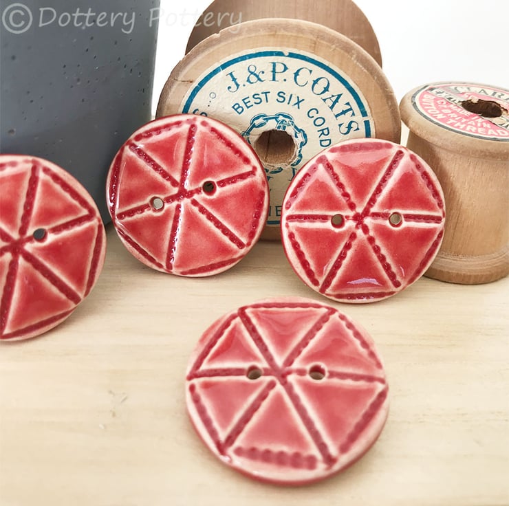 Set of four bright red ceramic handmade buttons - Folksy