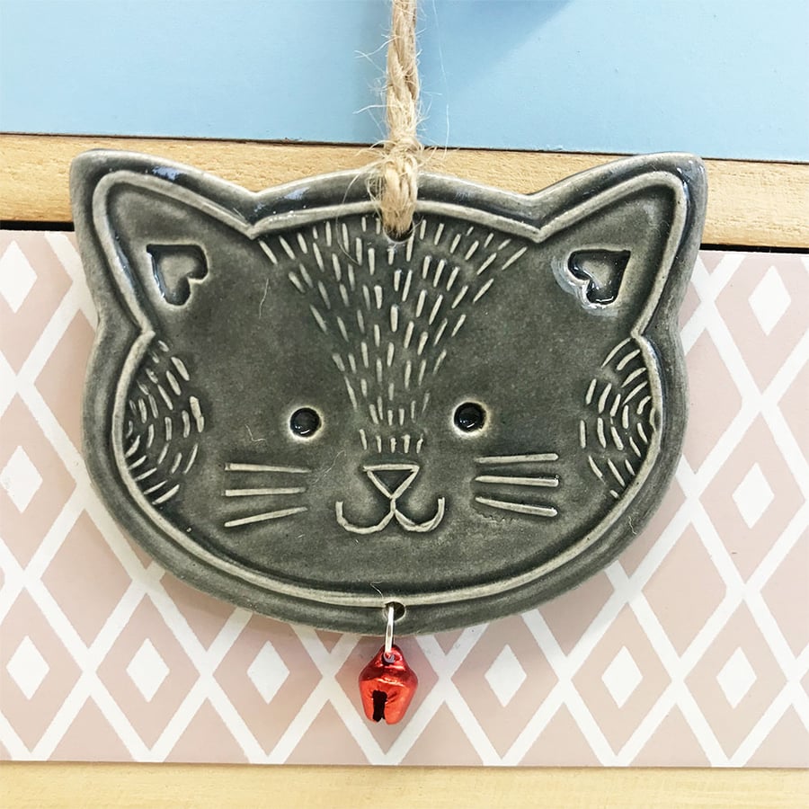 Ceramic Cat decoration with little bell (grey) - Folksy