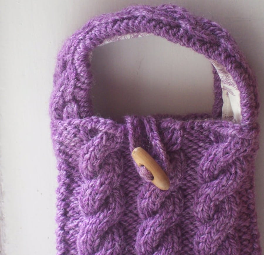 Soft hand knitted cable stitch bag in soft heat... - Folksy